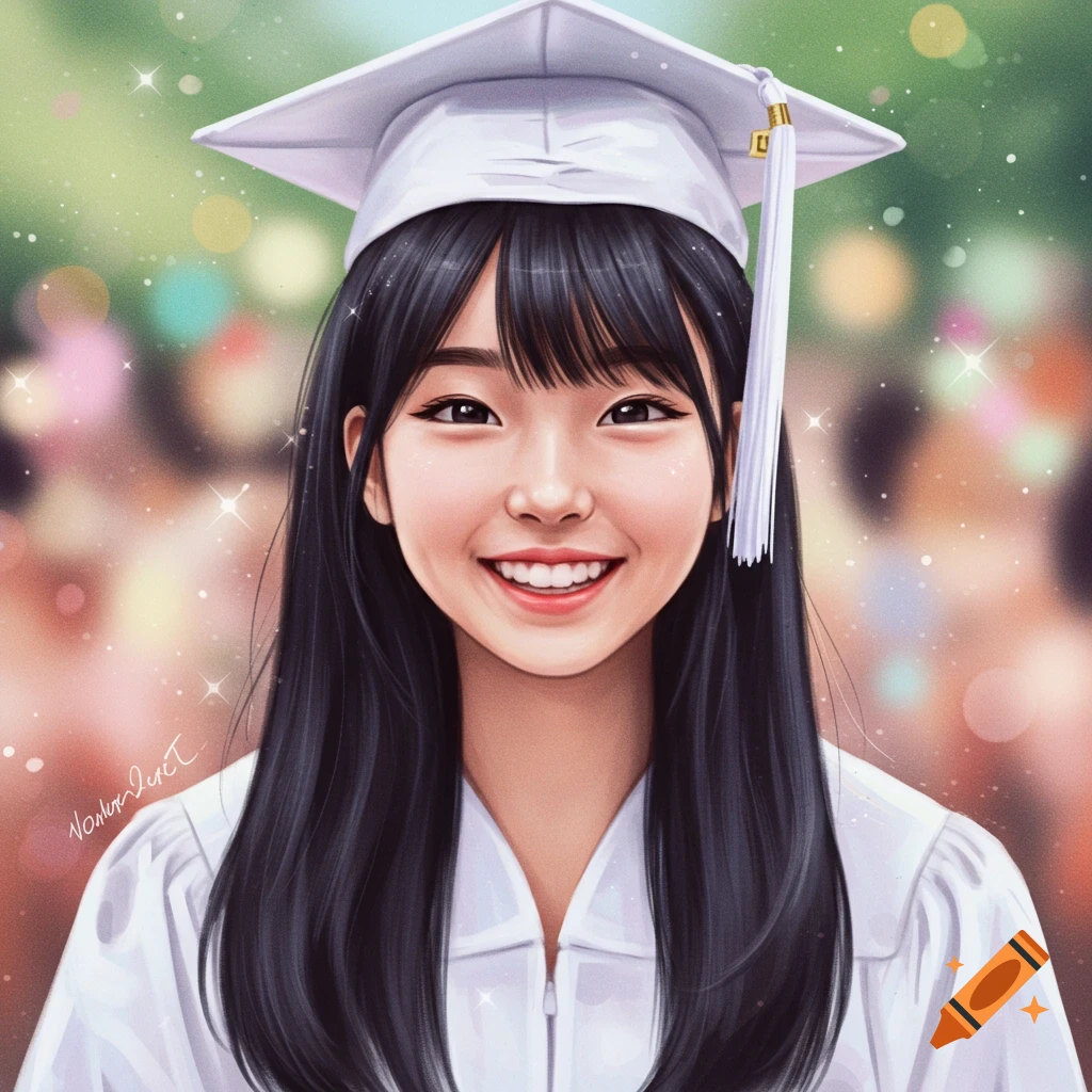 Portrait of a smiling Asian girl in a white graduation cap and gown. on ...