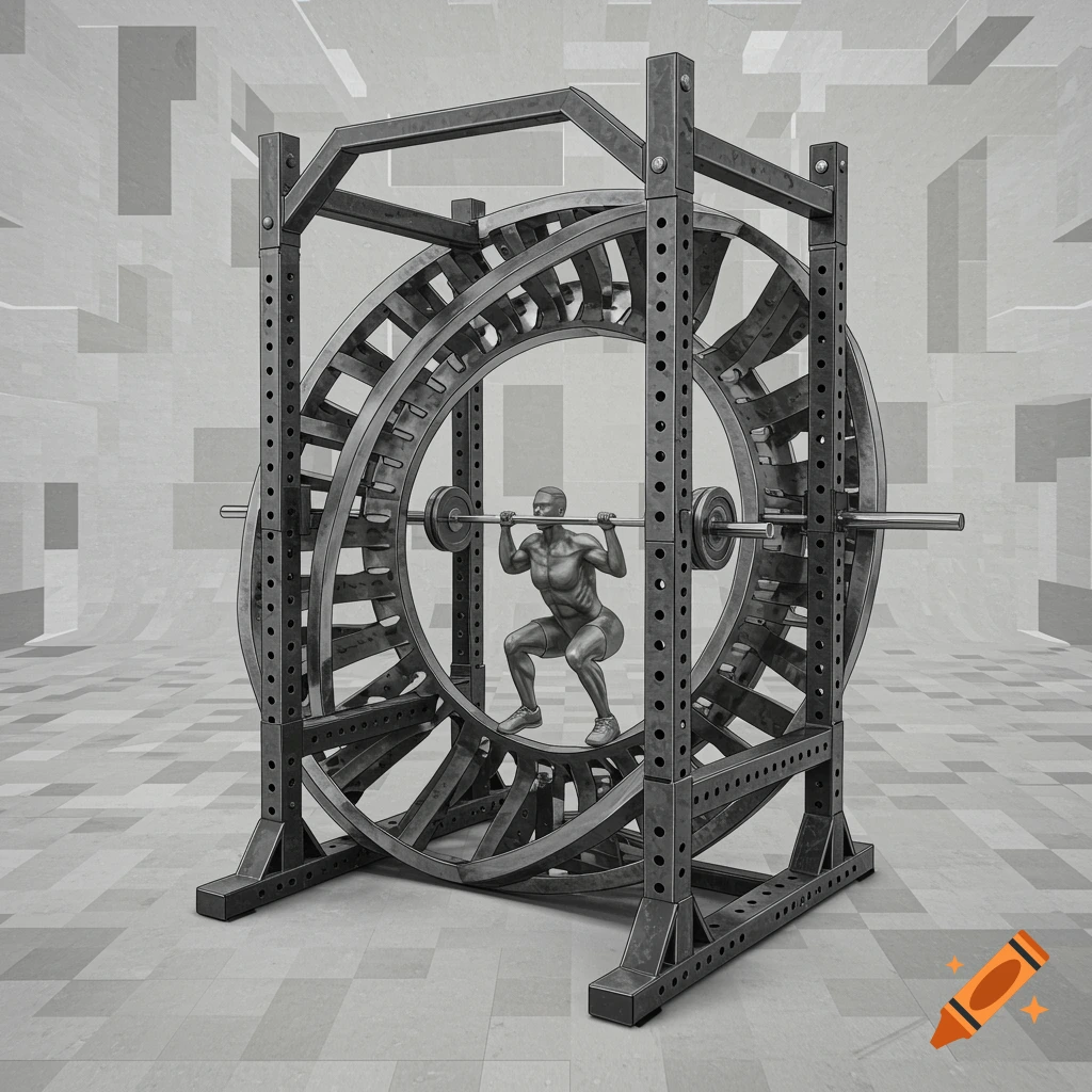 Person squats inside a surreal, looping squat rack structure in an ...