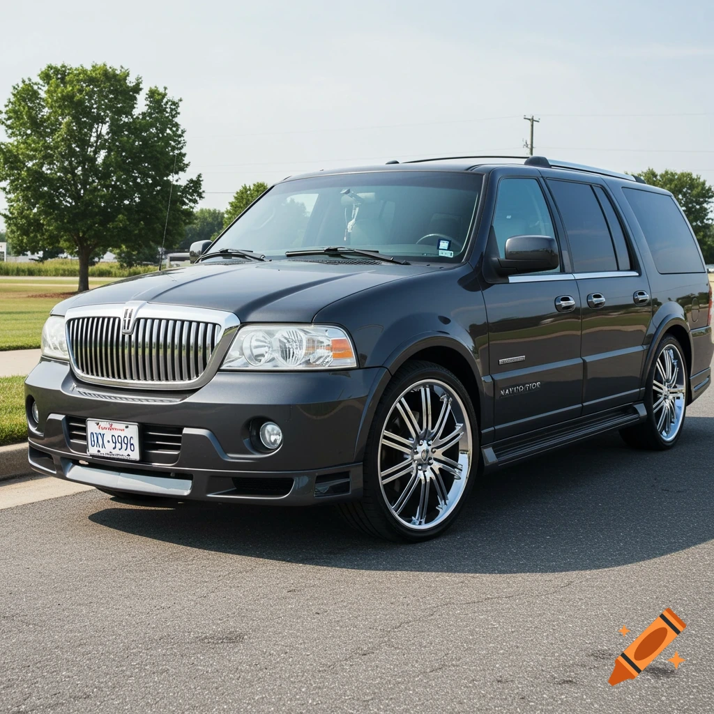 Photorealistic photo of a dark grey Lincoln Navigator SUV parked on a ...
