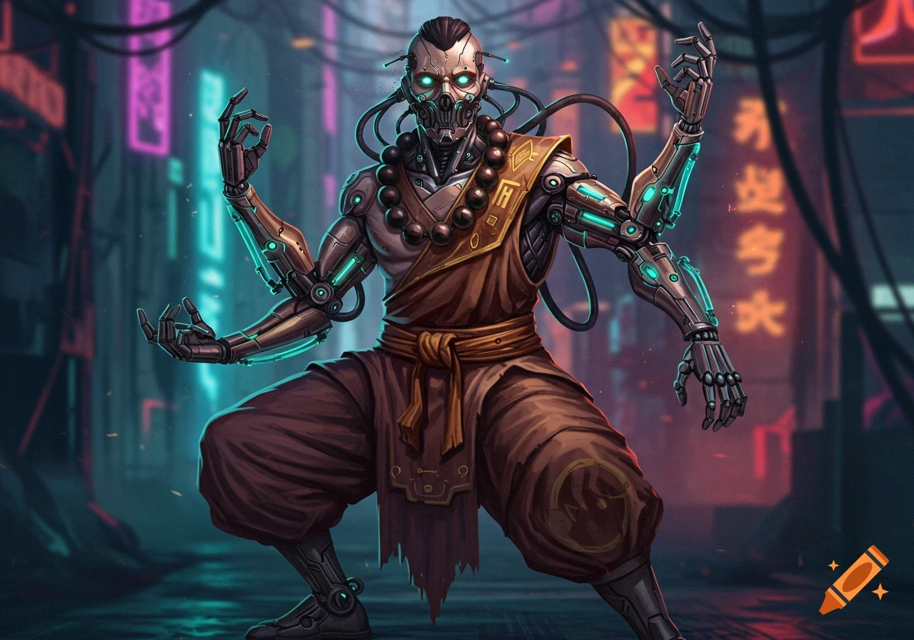 A multi-armed biomechanical monk stands in a neon-lit cyberpunk street ...