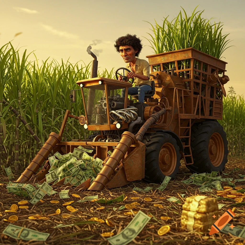 Man driving a sugar cane harvester with money on the ground drawing ...
