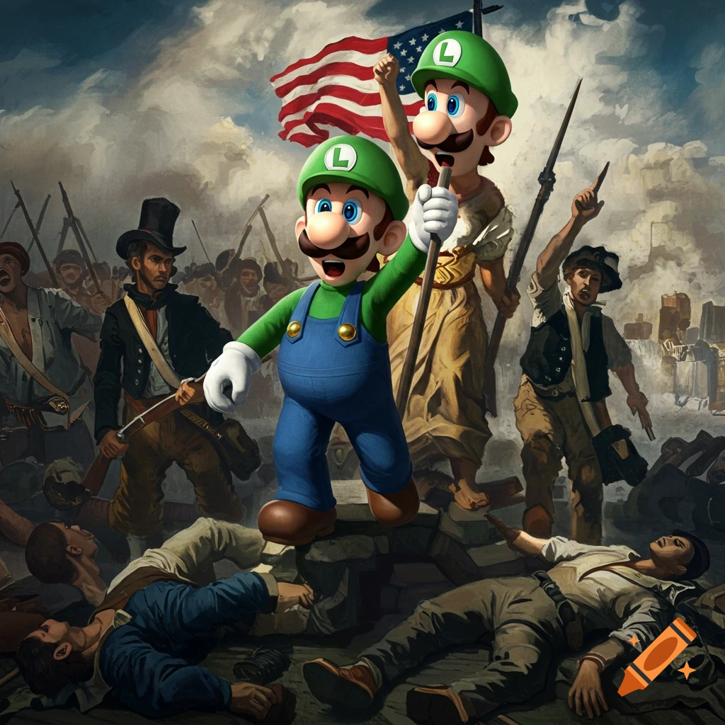 Luigi and a taller companion raise an American flag in a scene ...