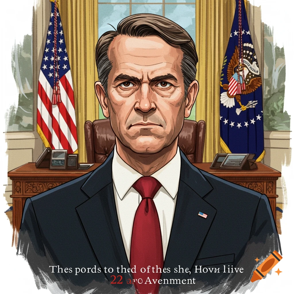 A man in a suit and red tie stands in an office adorned with US flags ...