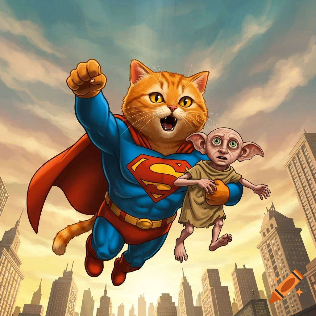 Orange cat dressed as Superman flying with Dobby the house elf, holding ...
