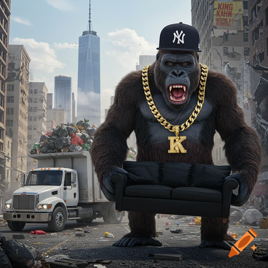 Realistic King Kong in NYC with Yankees hat, gold chain, couch, and ...