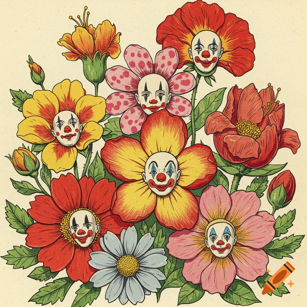 A 30s styled drawing of flowers with clown heads in the center. on Craiyon