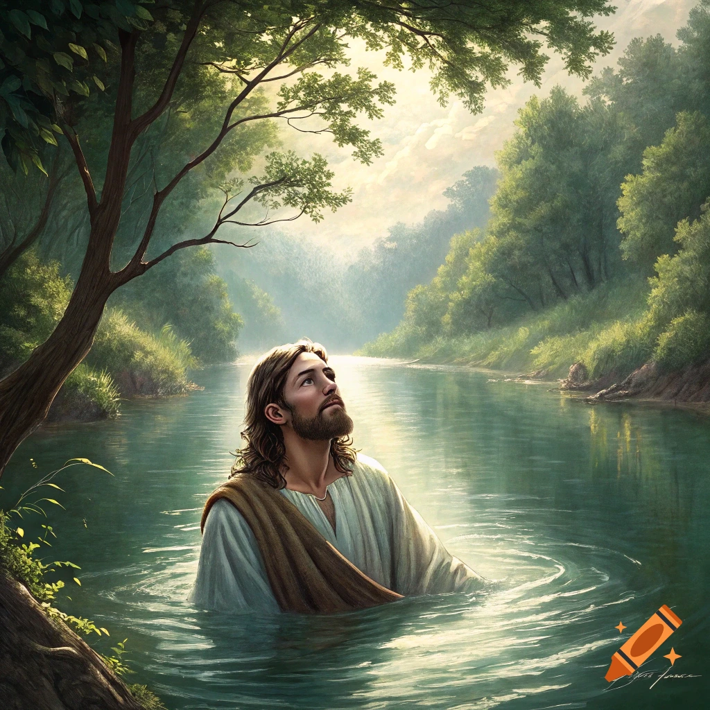 Jesus floating down a river on Craiyon