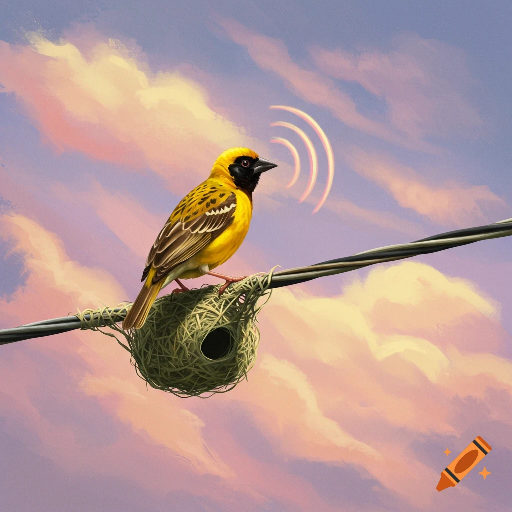 A weaver bird on a wire with a nest, emitting signal waves under a ...