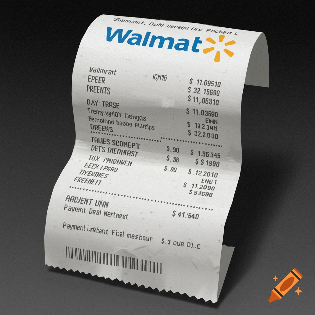 Walmart receipt showing logo, location, time, items, payment, and total ...