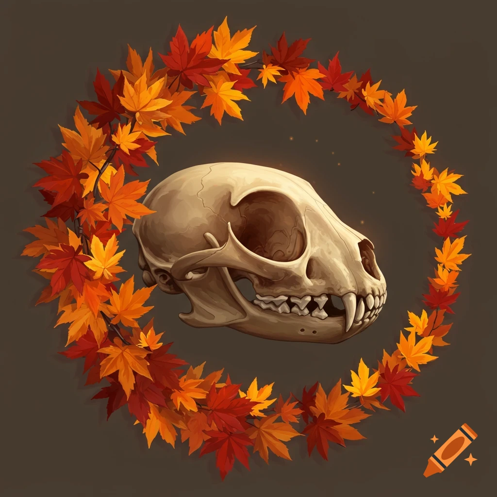 A stylized depiction of a cat skull surrounded by a circular wreath of ...