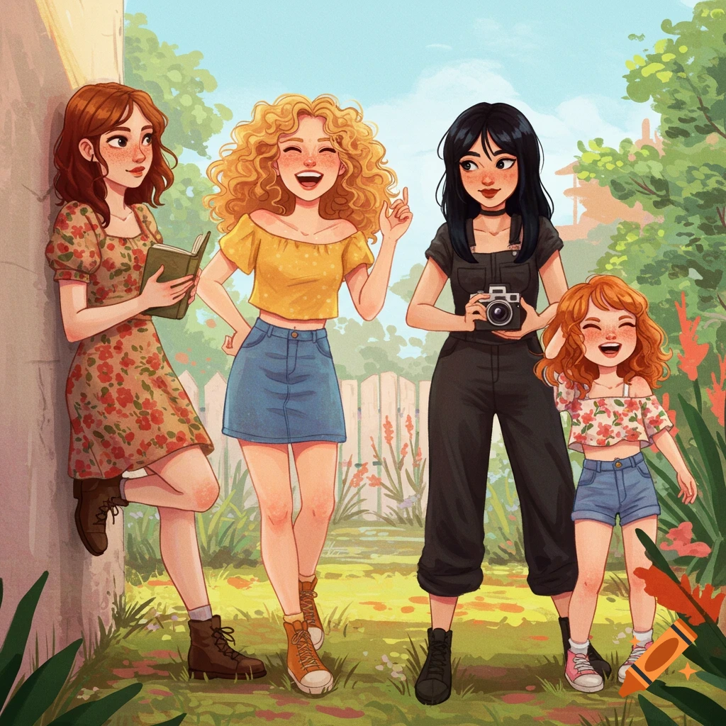 Four sisters together, portrait of family members, siblings, close ...