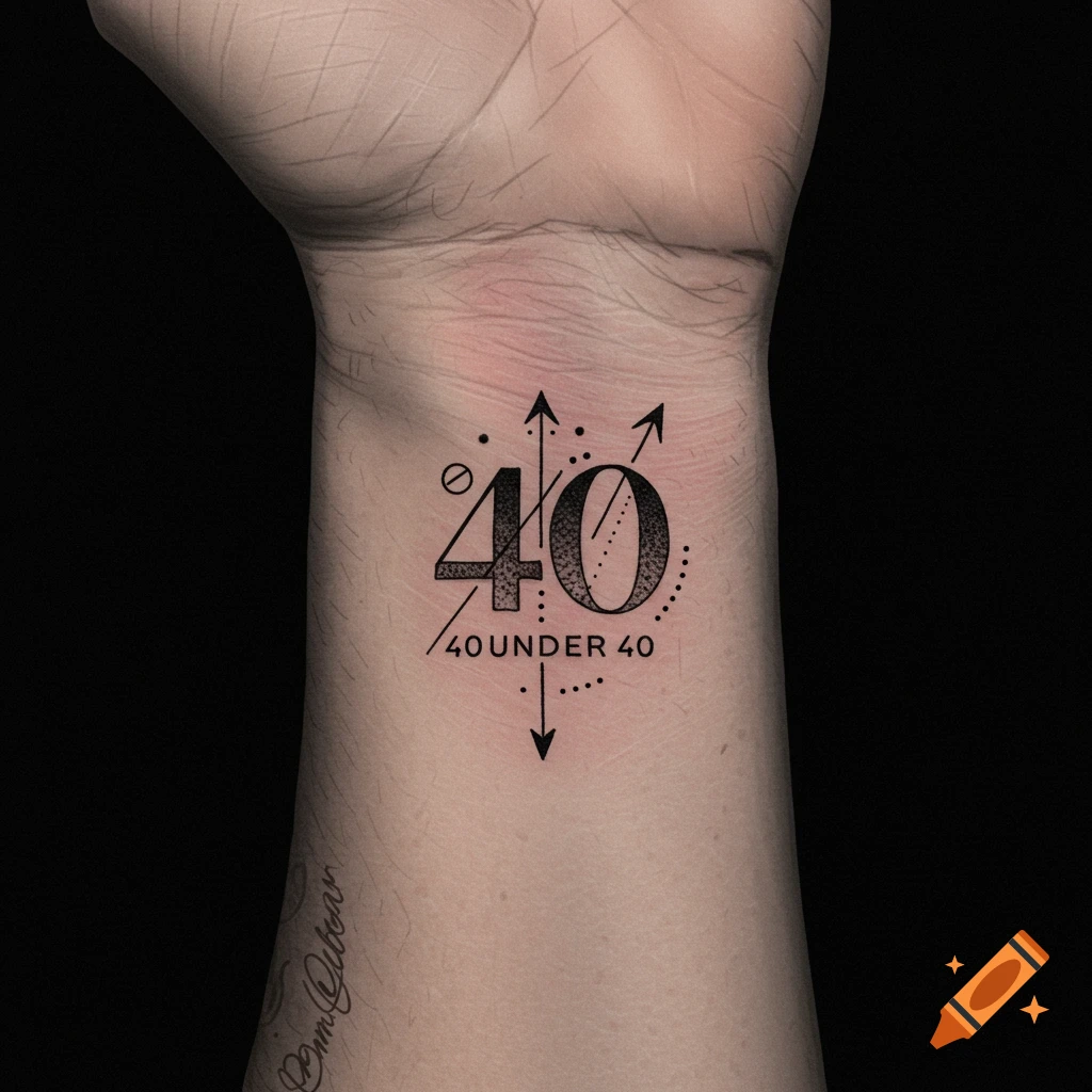 Geometric tattoo on a wrist with '40' and '40 UNDER 40' text and ...