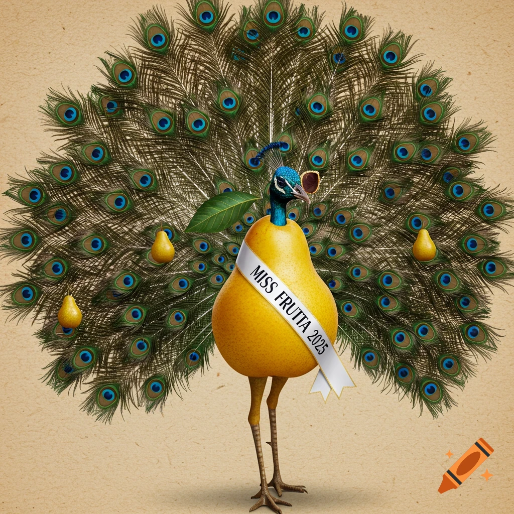 A surreal creature with a pear body, peacock head and feathers, wearing ...