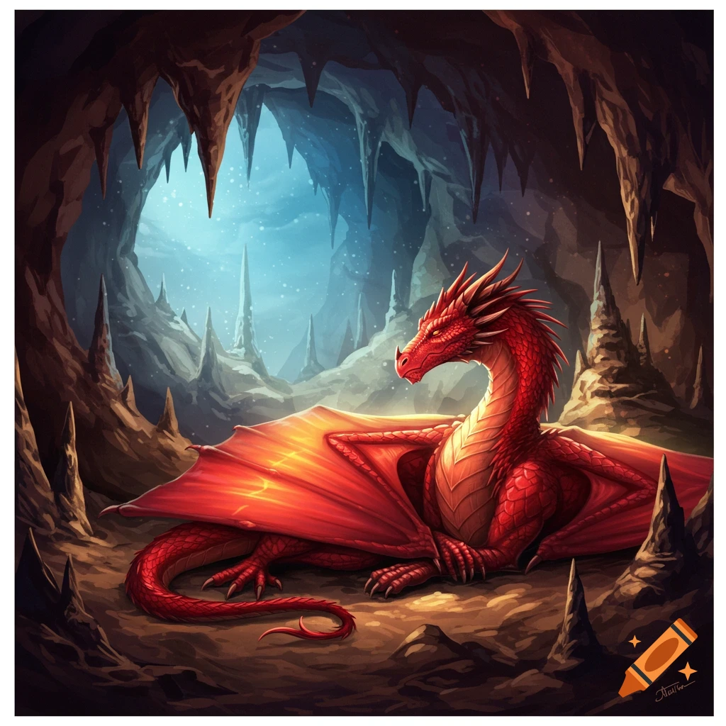 A red dragon rests inside a dark cave with stalactites and glowing ...