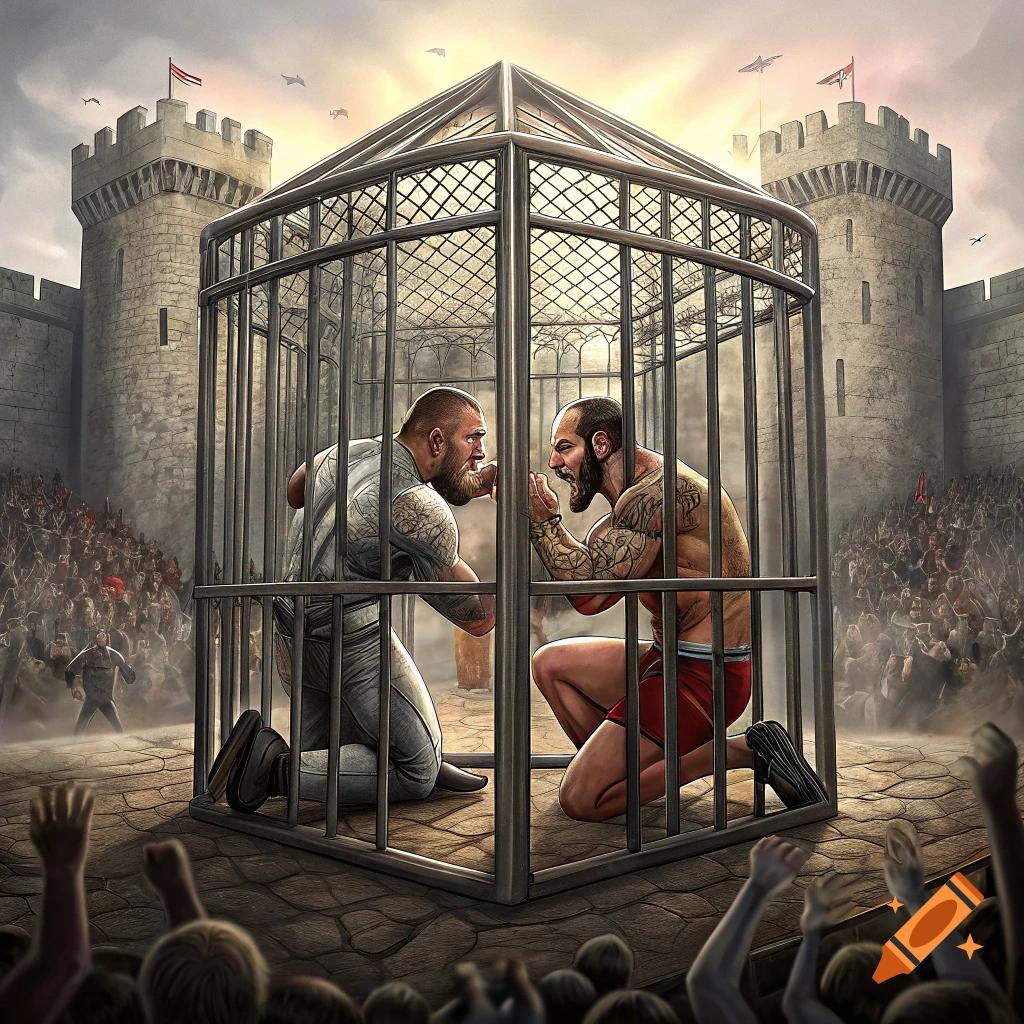 Two men face off in a cage inside a castle courtyard, surrounded by a ...