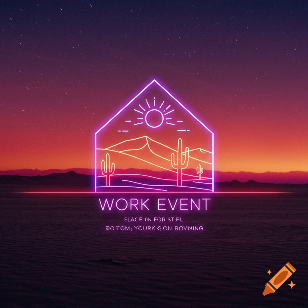 Neon logo with desert scene and text 'WORK EVENT WORK DESIGT' on Craiyon