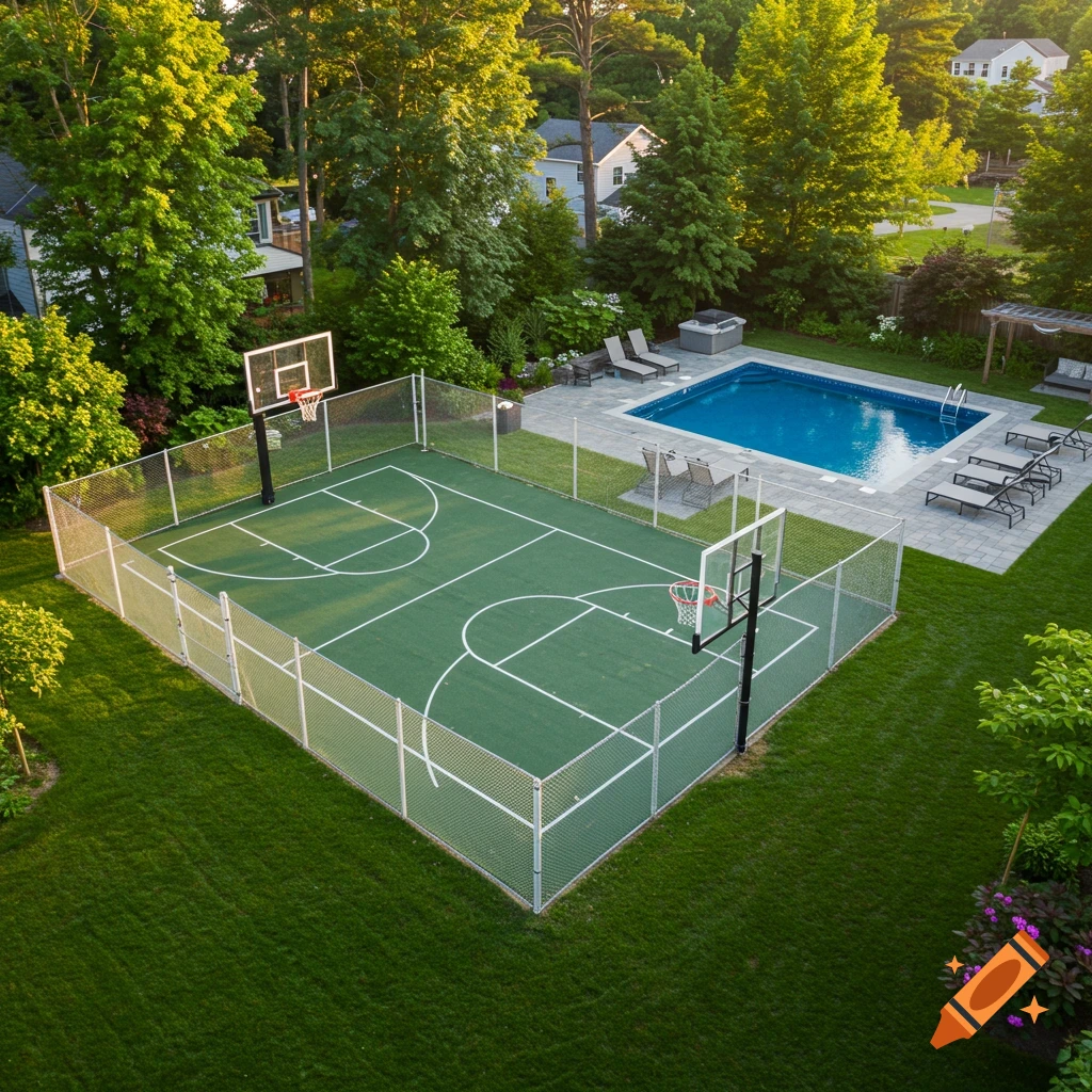 Aerial view of a backyard with a basketball court and in-ground pool ...