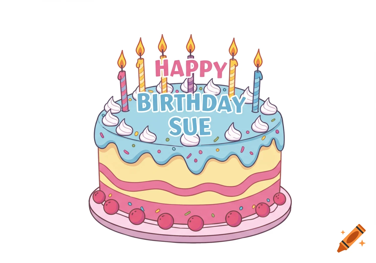 Birthday cake with candles and "Happy Birthday Sue" text on Craiyon