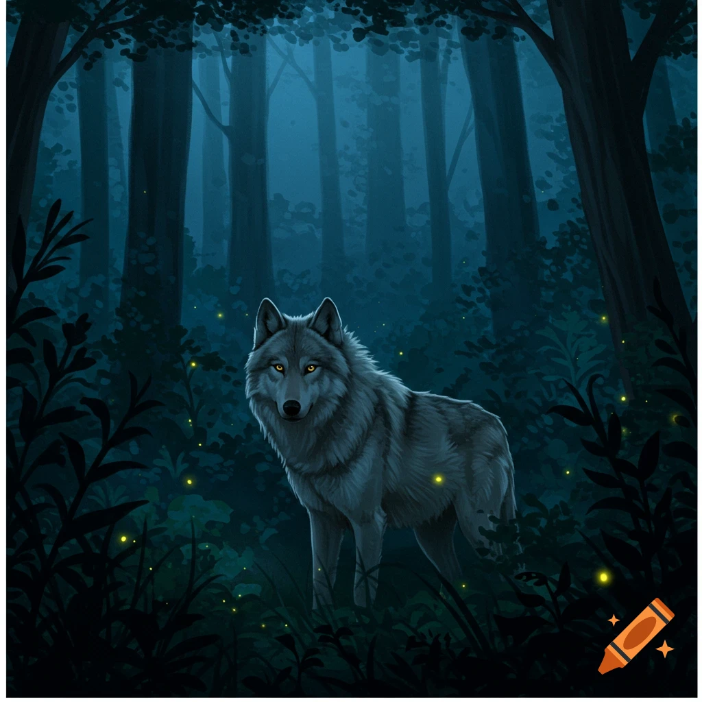 Wolf in a night forest on Craiyon