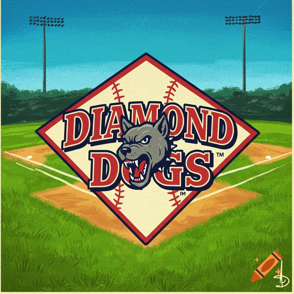 A baseball field with a team logo featuring a snarling dog head and ...