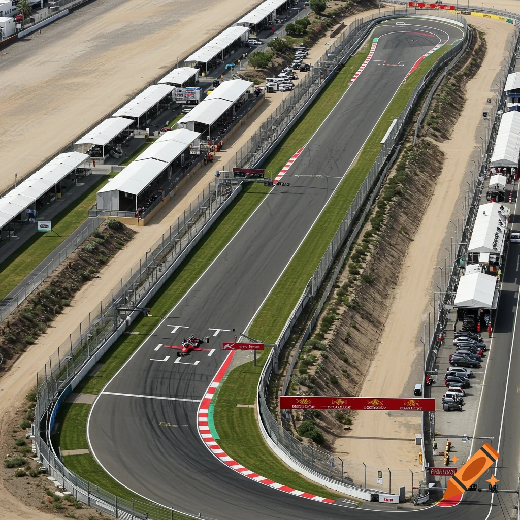 Aerial view of a race track with a red car, pit lane tents, and stands ...