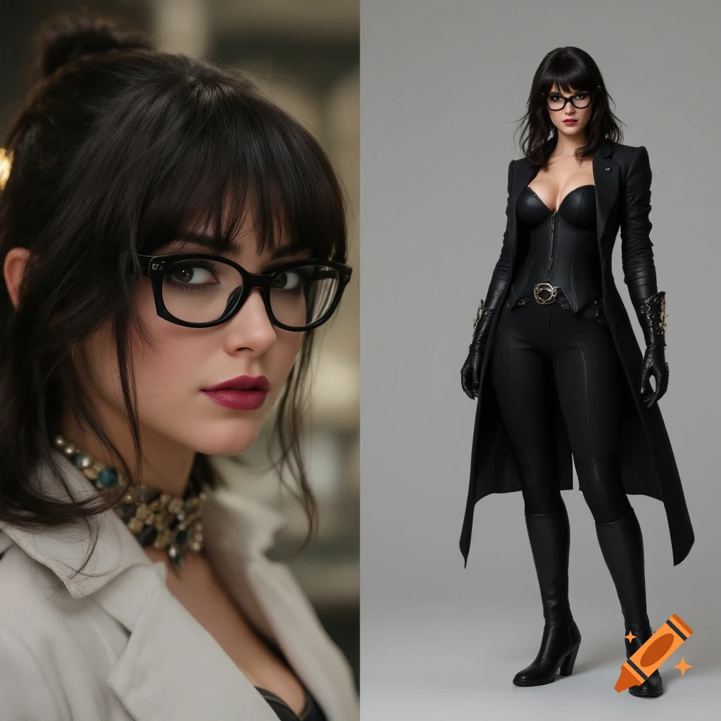 Close-up and full-body view of a woman with glasses in a black leather ...