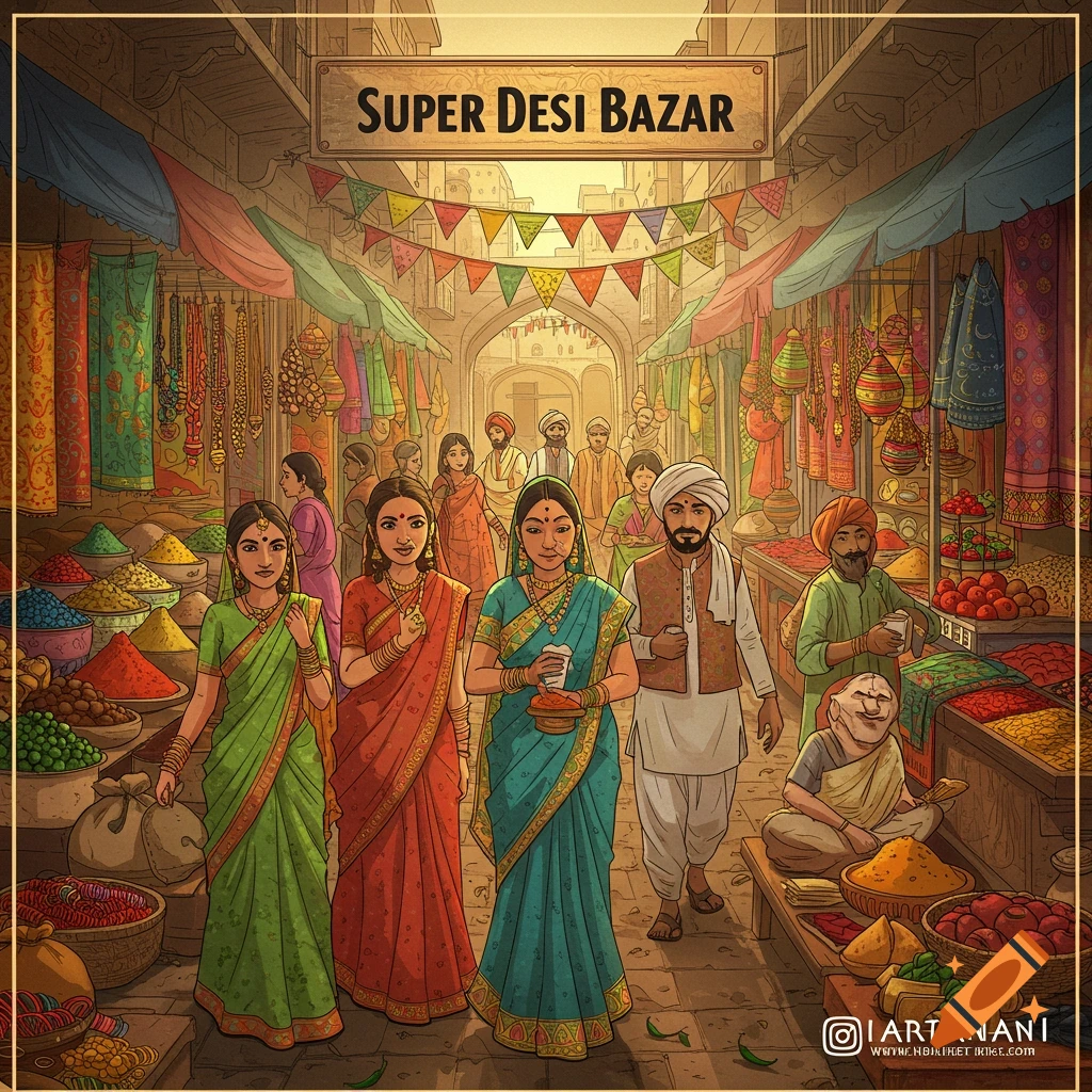 A detailed scene of a bustling South Asian market (bazaar) with people ...