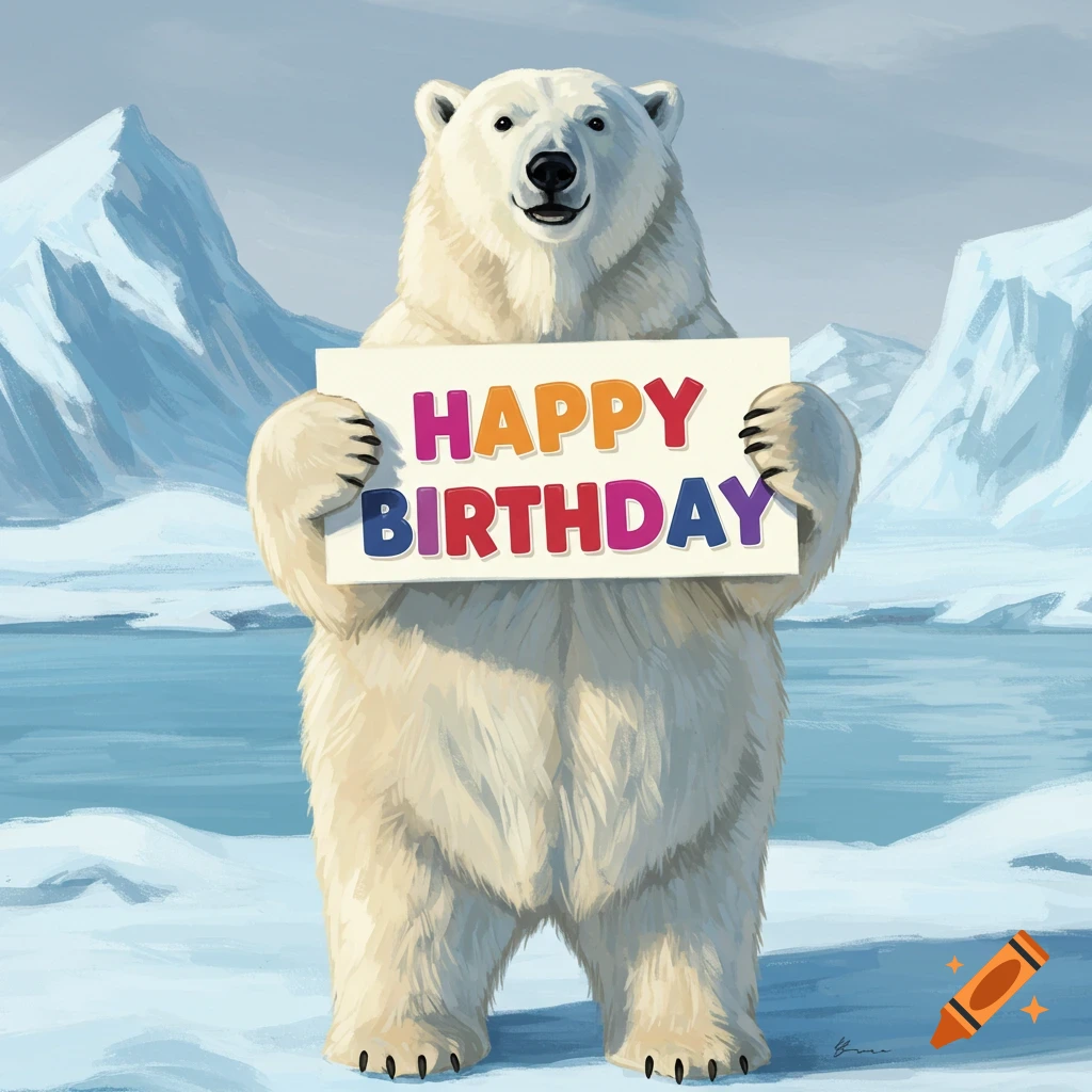 A polar bear holding a 'Happy Birthday' sign in a snowy landscape. on ...