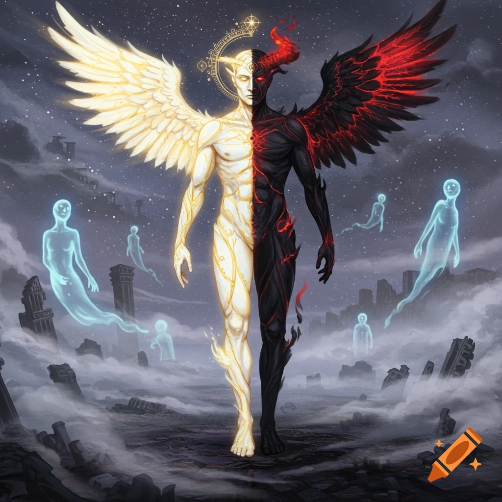 Mythological god of light and shadow on Earth with ruins and souls on ...