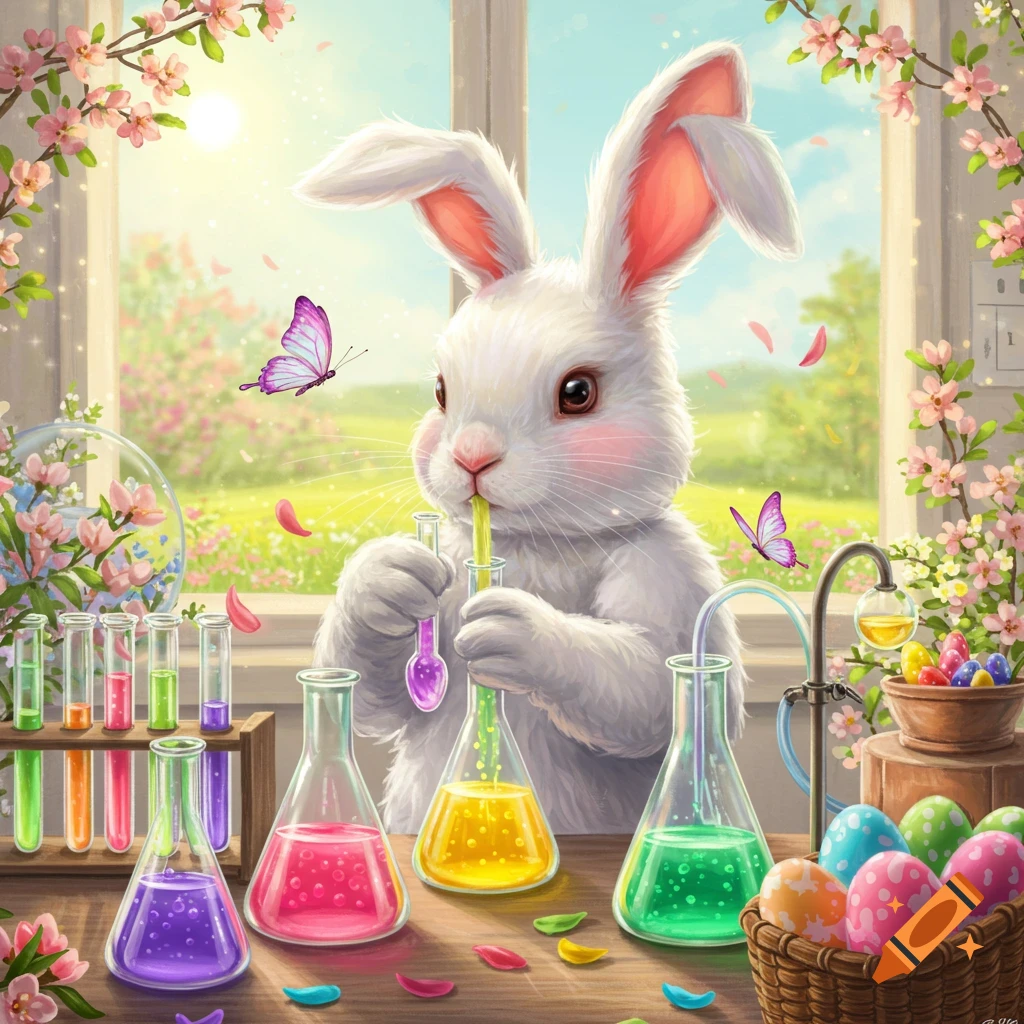 Easter bunny in a chemistry lab mixing chemicals with pastel colors. on ...