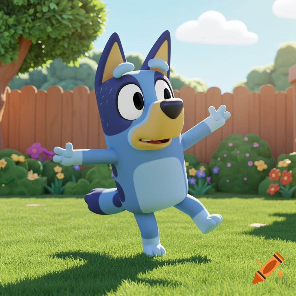 A 3D cartoon image of Bluey, the blue heeler puppy, jumping joyfully in ...