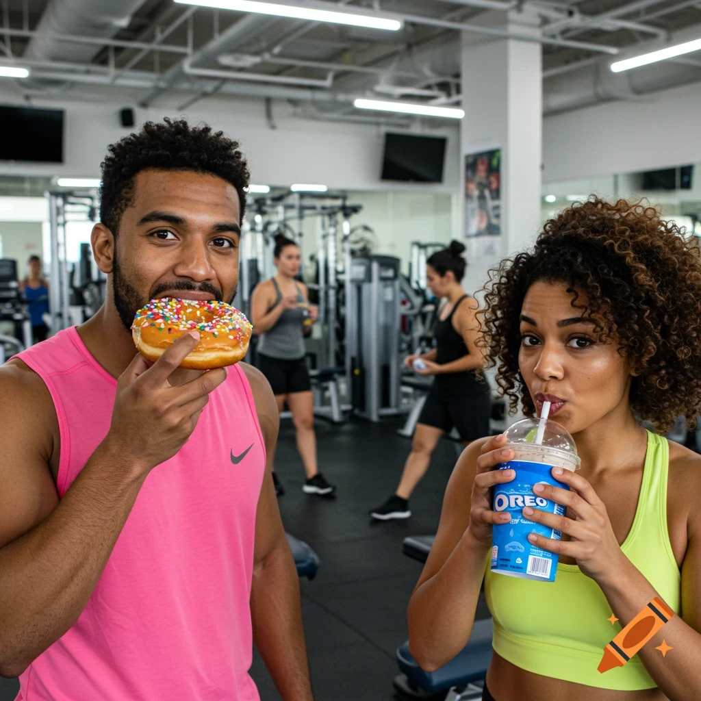 People eating doughnuts and oreo milkshake at a San Francisco gym on ...