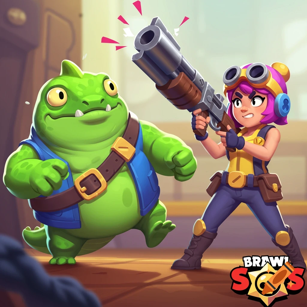 Buzz from Brawl Stars and Shelly aiming shotgun on Craiyon