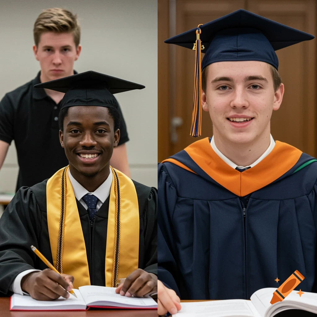 Contrast of students with frustration and pride on Craiyon