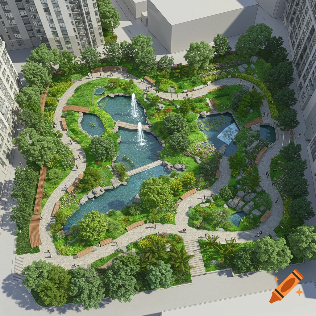 Rendered plan view of an urban pocket park with water features on Craiyon