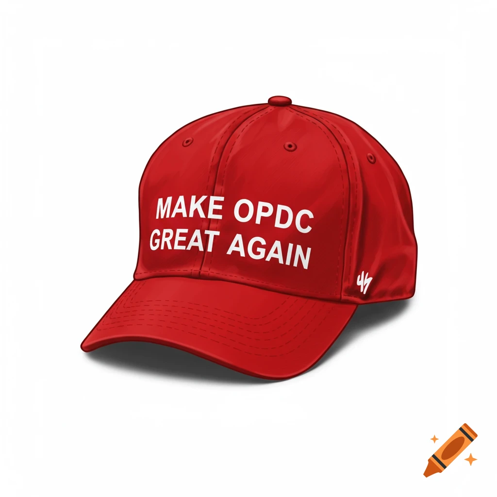A red baseball cap with 'MAKE OPDC GREAT AGAIN' written in white text ...