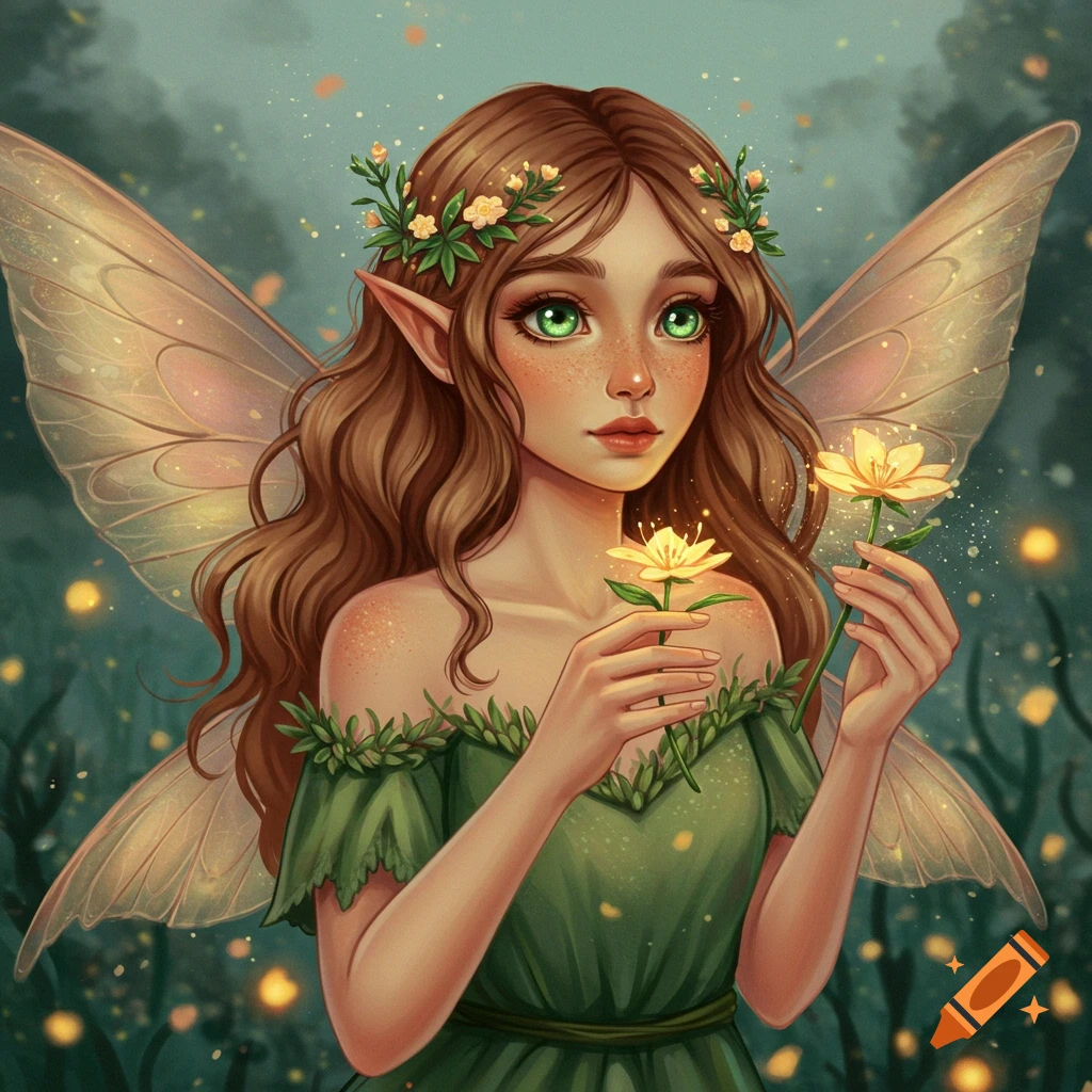 Female fae with light brown hair, pale skin, and green eyes. No wings ...