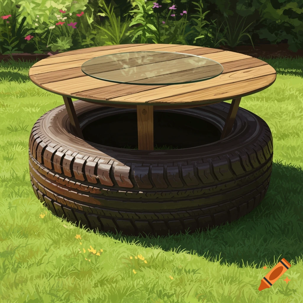 Coffee table made from recycled car tire, wood, and glass on Craiyon