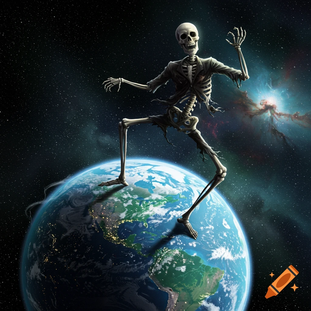 A skeleton dances on the Earth, which is in space. on Craiyon