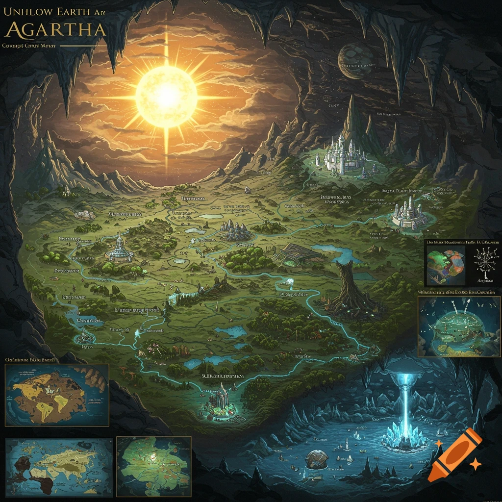 A detailed fantasy map concept art showing a lush landscape within a vast cave, illuminated by a ...
