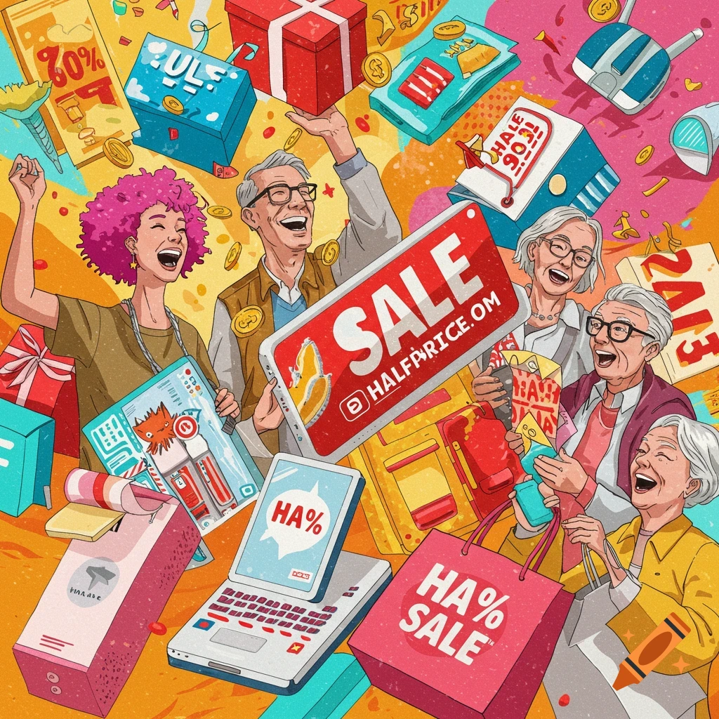 People are happily shopping surrounded by sale items, bags, and gifts ...