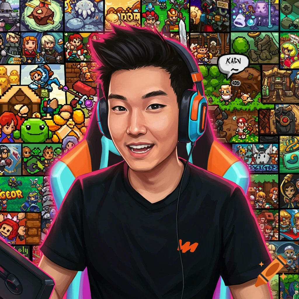 Image of a smiling gamer in a chair with headphones, set against a ...