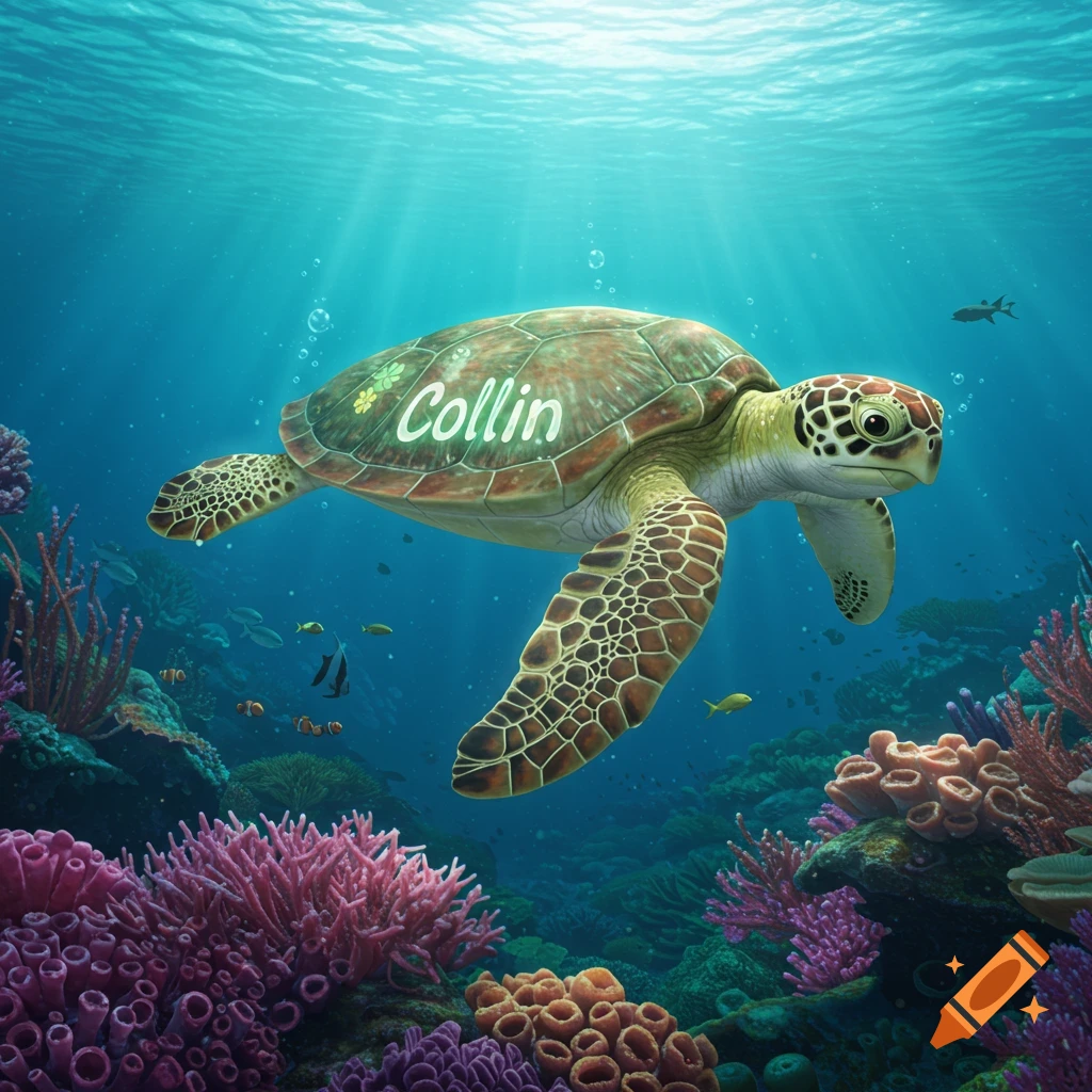 Animated sea turtle with names Collin and Nora on shell on Craiyon