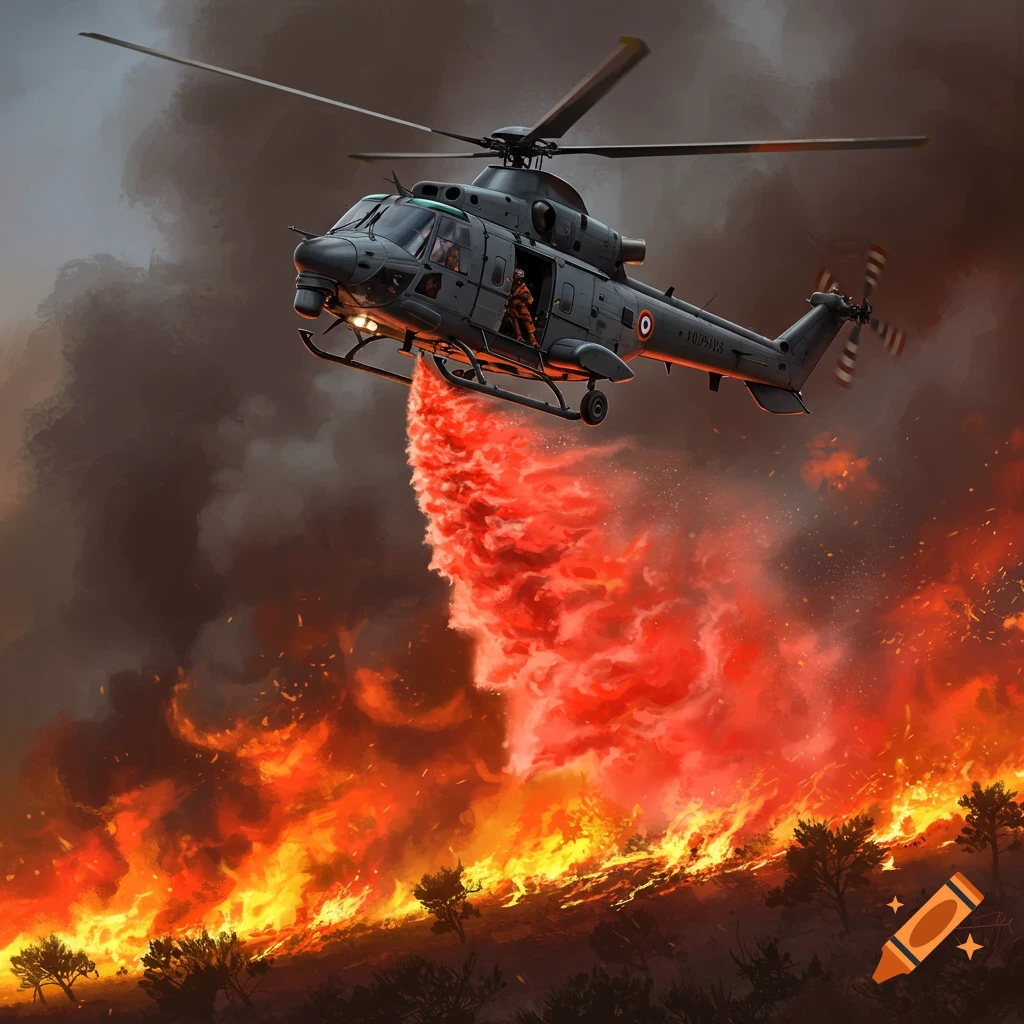 AS332 helicopter fighting fire on Craiyon