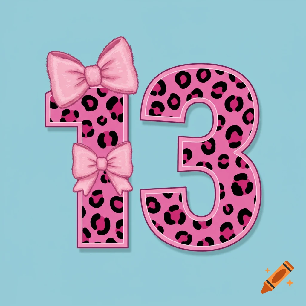 Number 13 with leopard print, pink color, and a bow on Craiyon