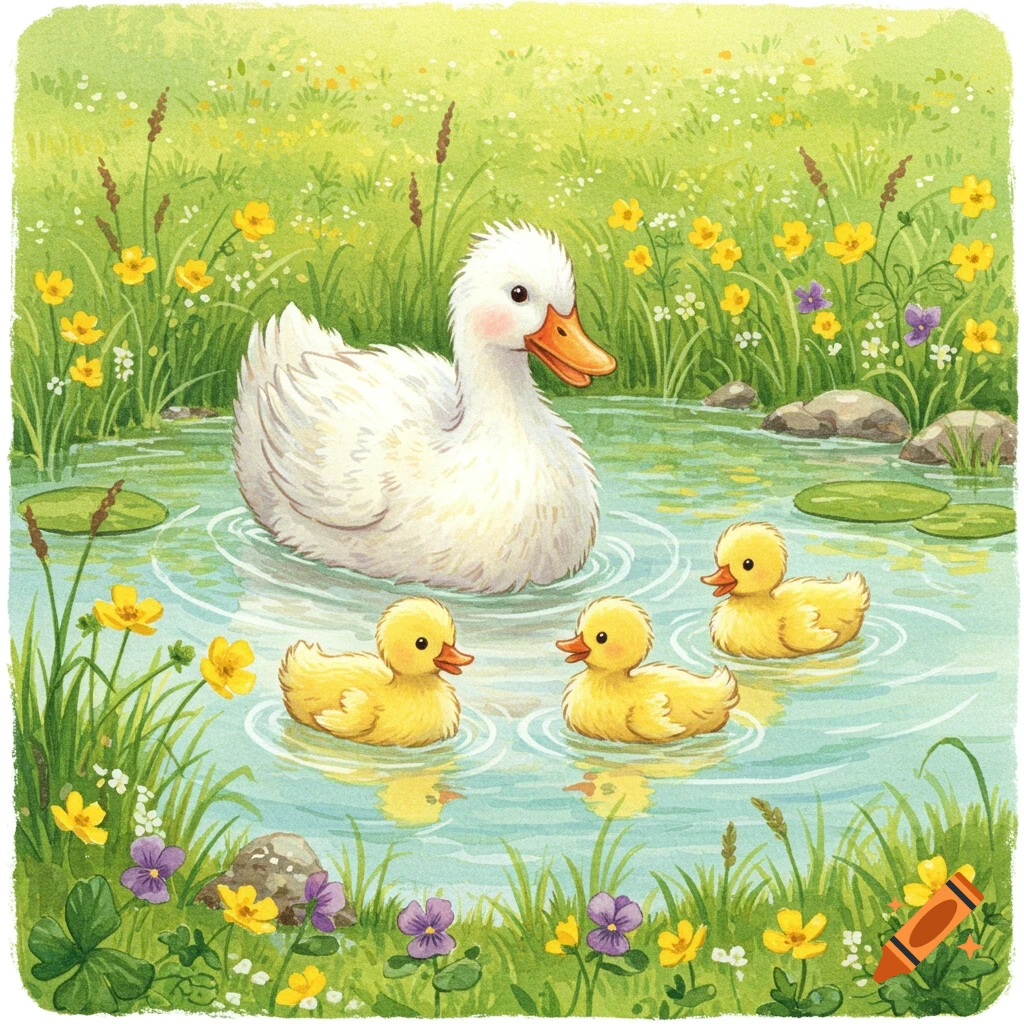 Cute pond with white mama duck and four ducklings, story book art style ...