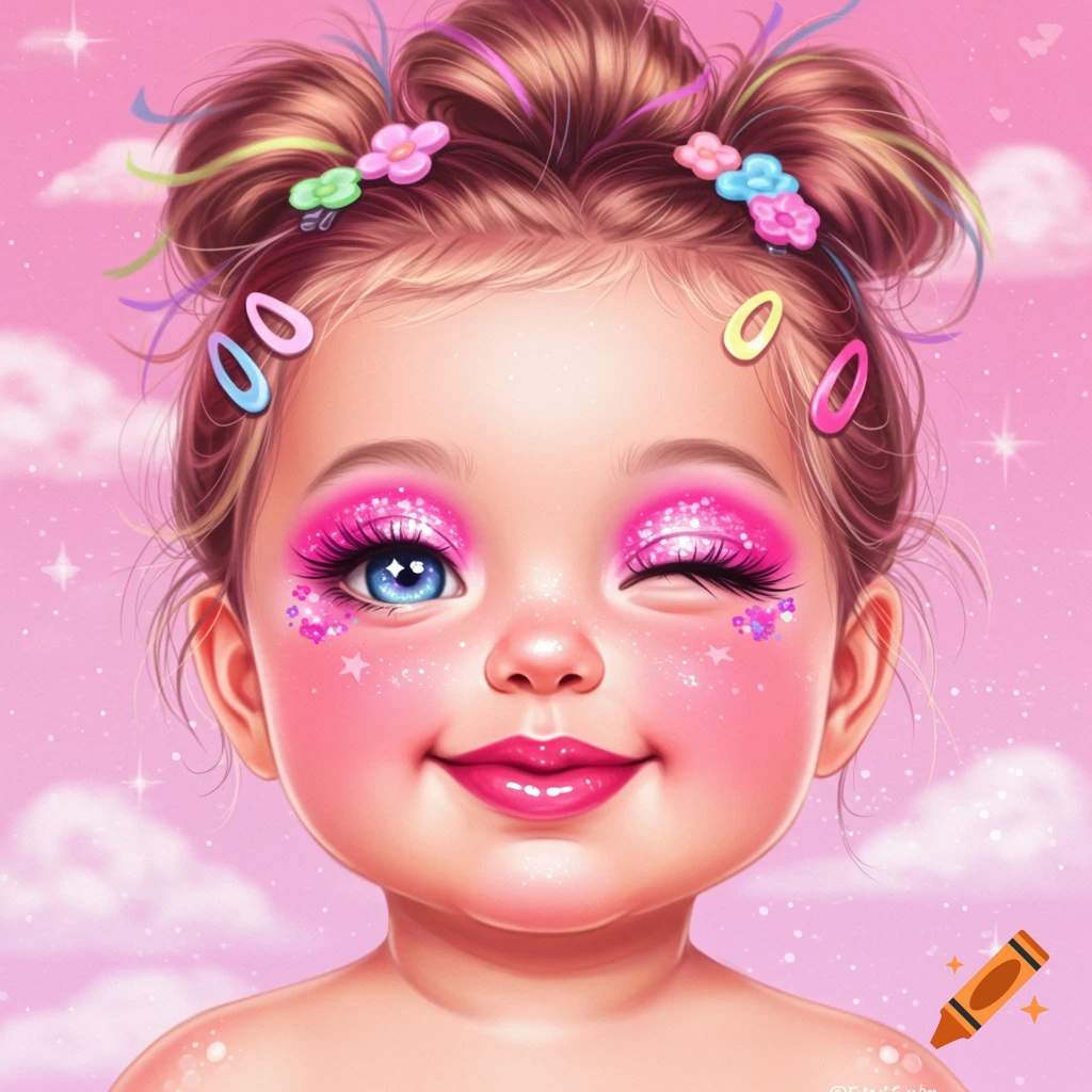 Whimsical cartoon image of a winking baby girl with bright makeup and ...