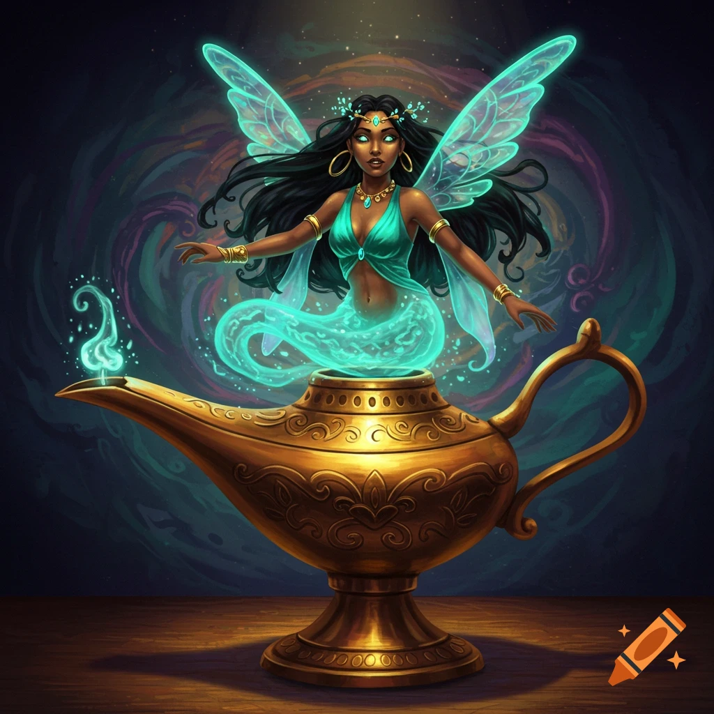 A blue genie with a turban and gold jewelry emerges from a golden lamp ...