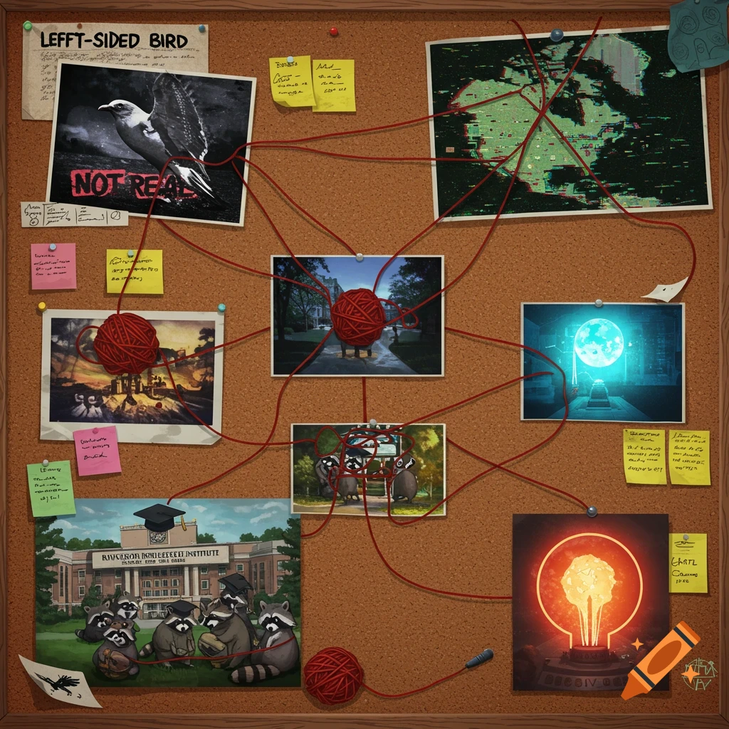 Detective corkboard with photos, maps, sticky notes, and flowchart of ...
