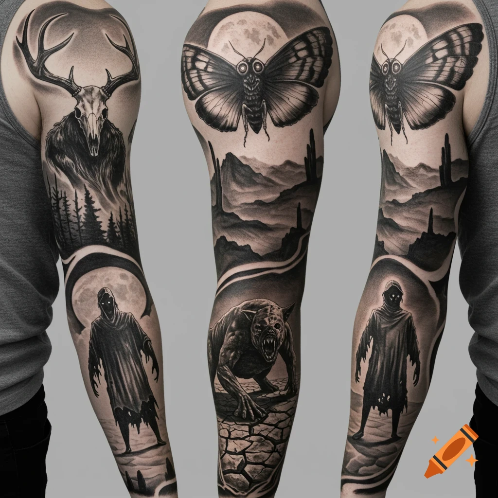 Black and gray tattoo sleeve featuring a deer skull, moth, monster, and ...